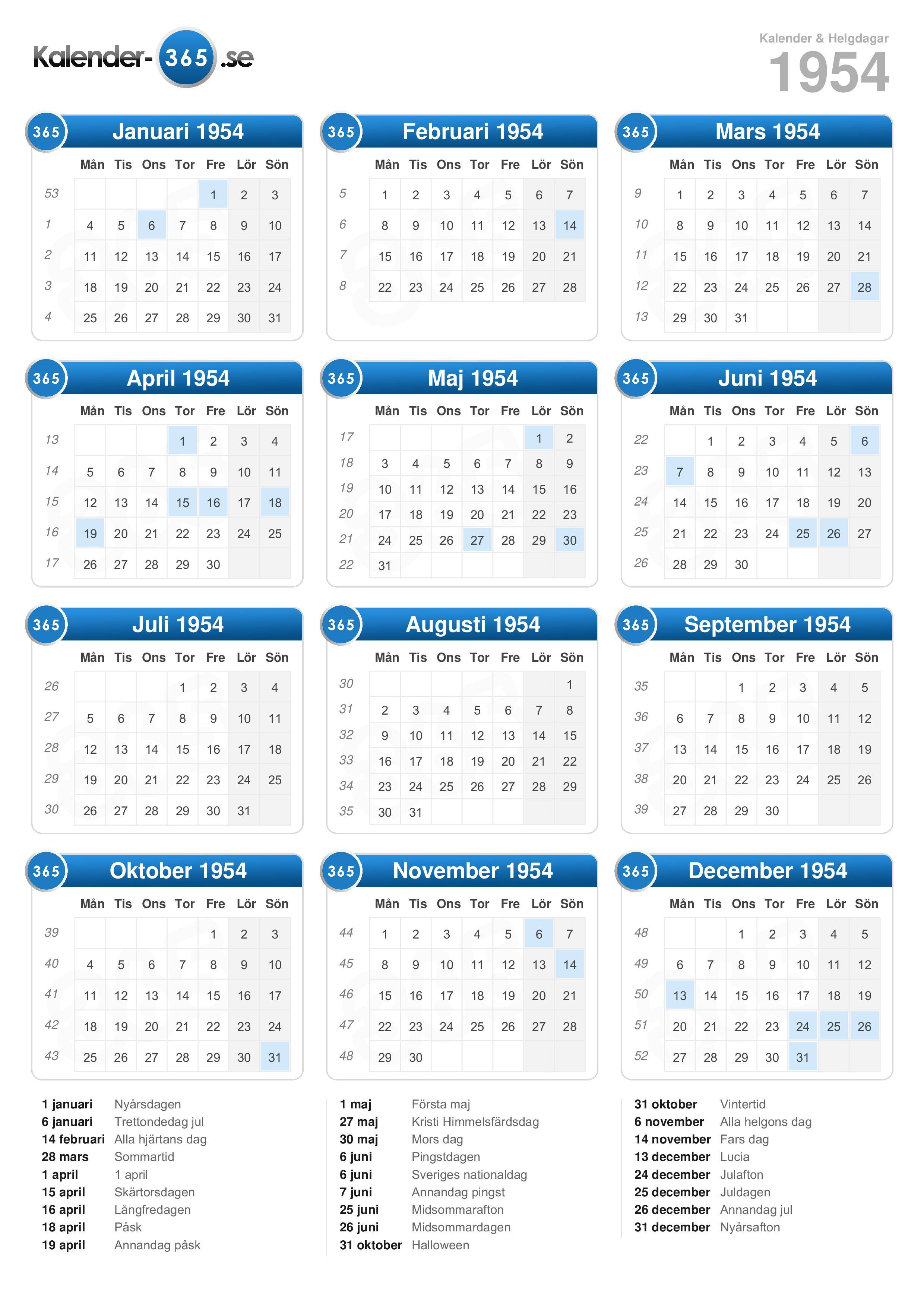 Kalender 1954