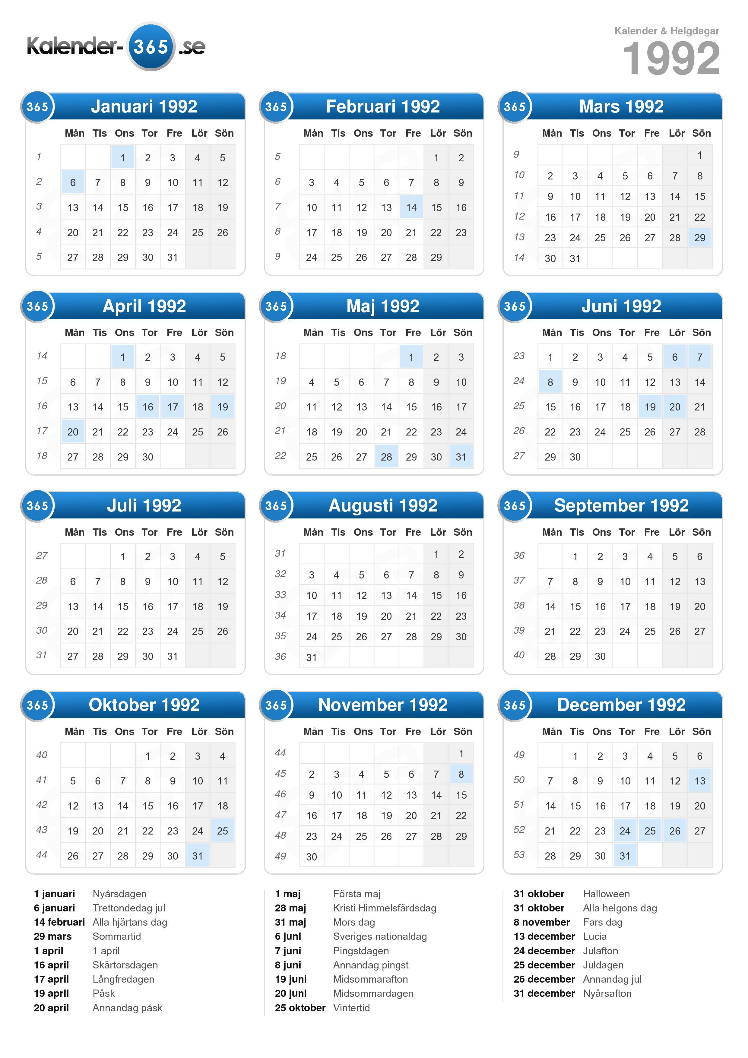 Kalender 1992
